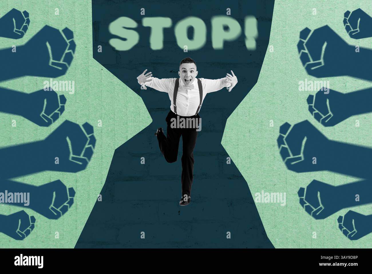 Trendy art creative full zine photo collage of crazy man run ...