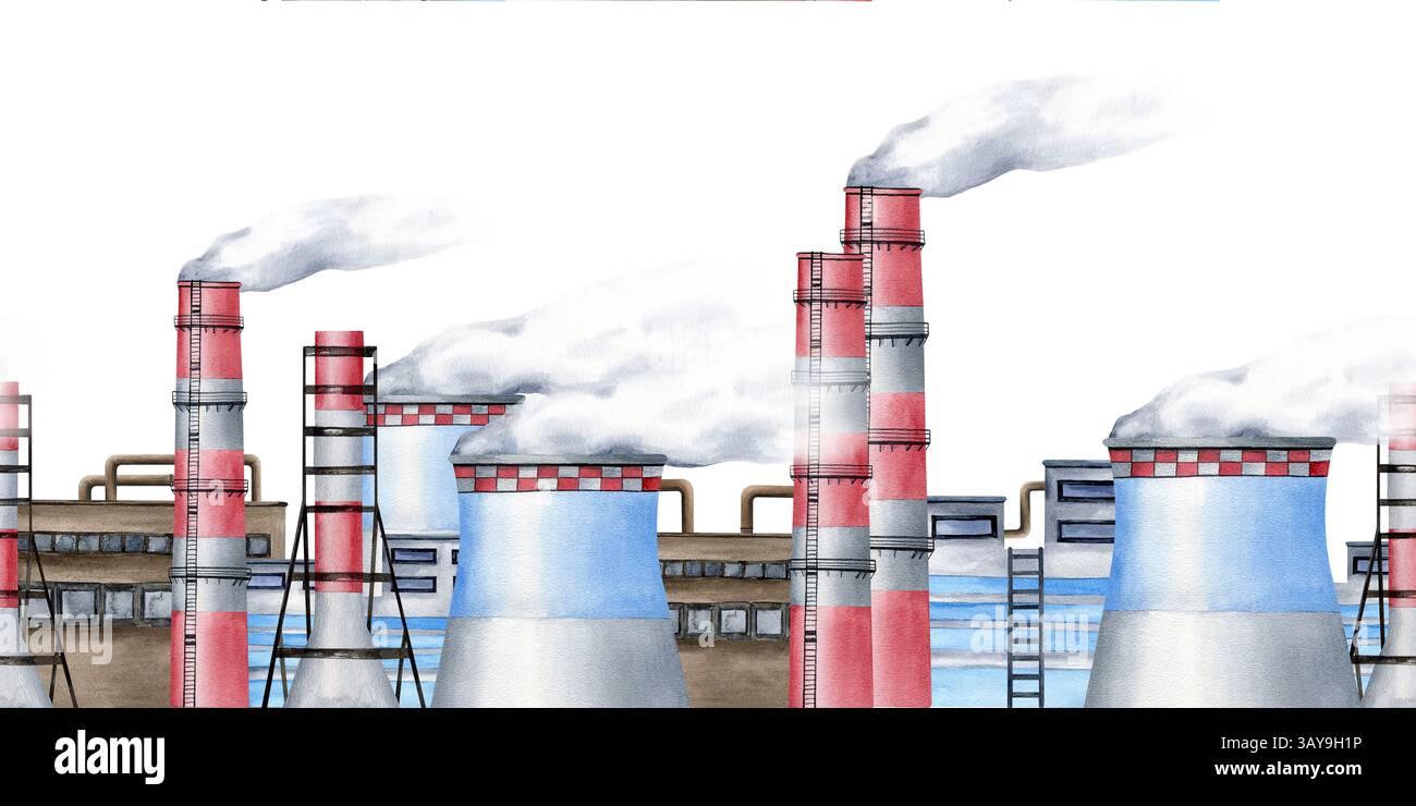 Smoke stack seamless border with steam industrial city factories ...
