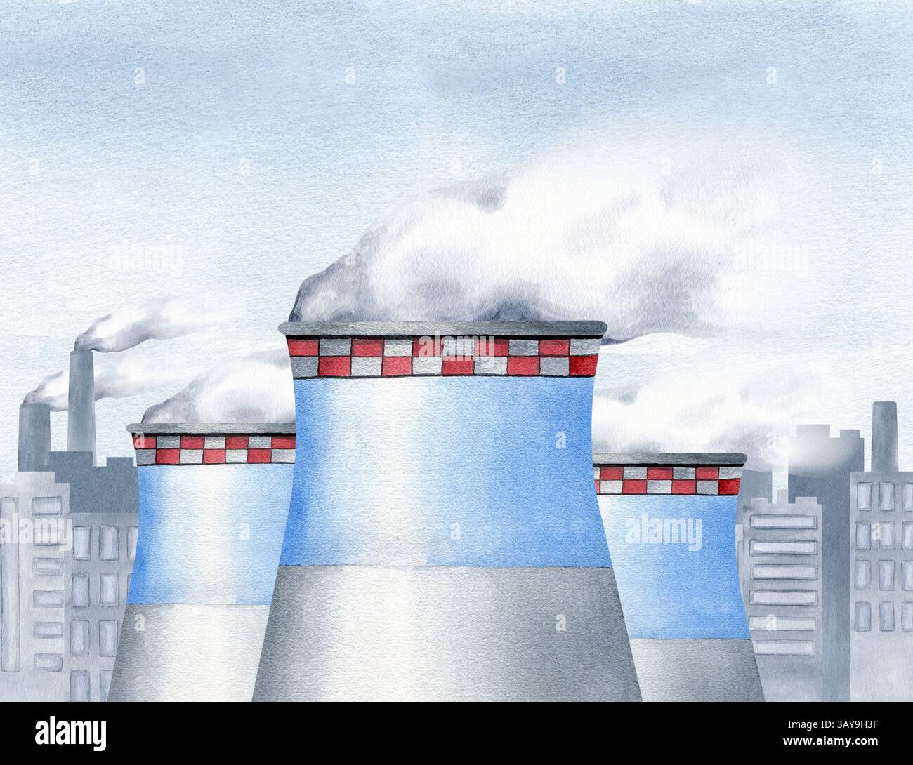 Smoke stack against backdrop of industrial grey city watercolor frame ...