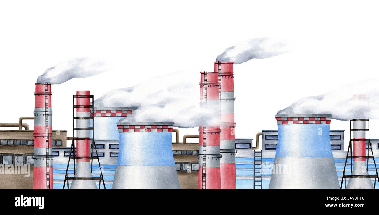 Smoke stack with steam and industrial factories watercolor banner ...