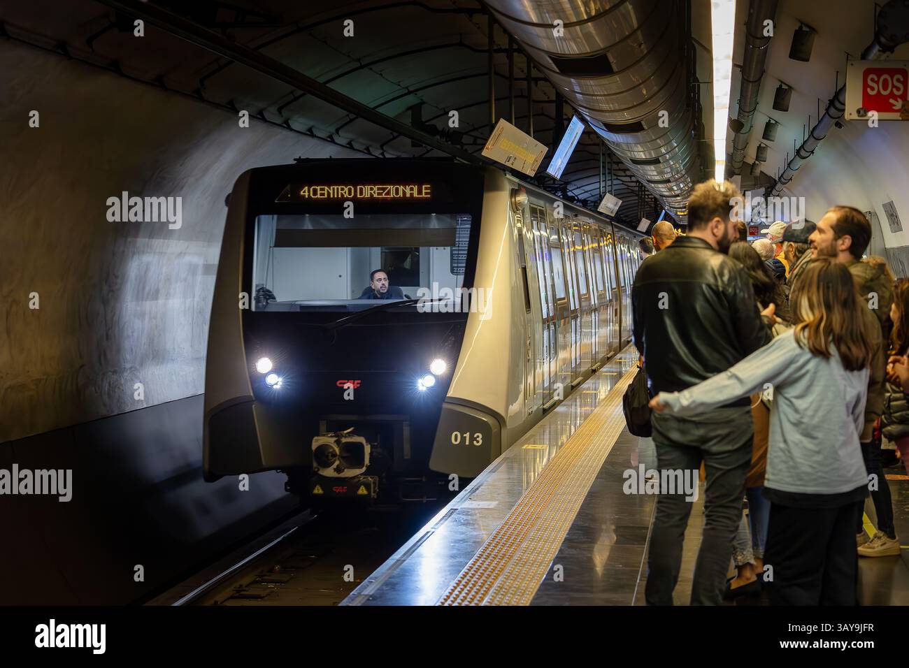 Naples, Italy - April 18, 2025: The arrival of the metropolitan train ...