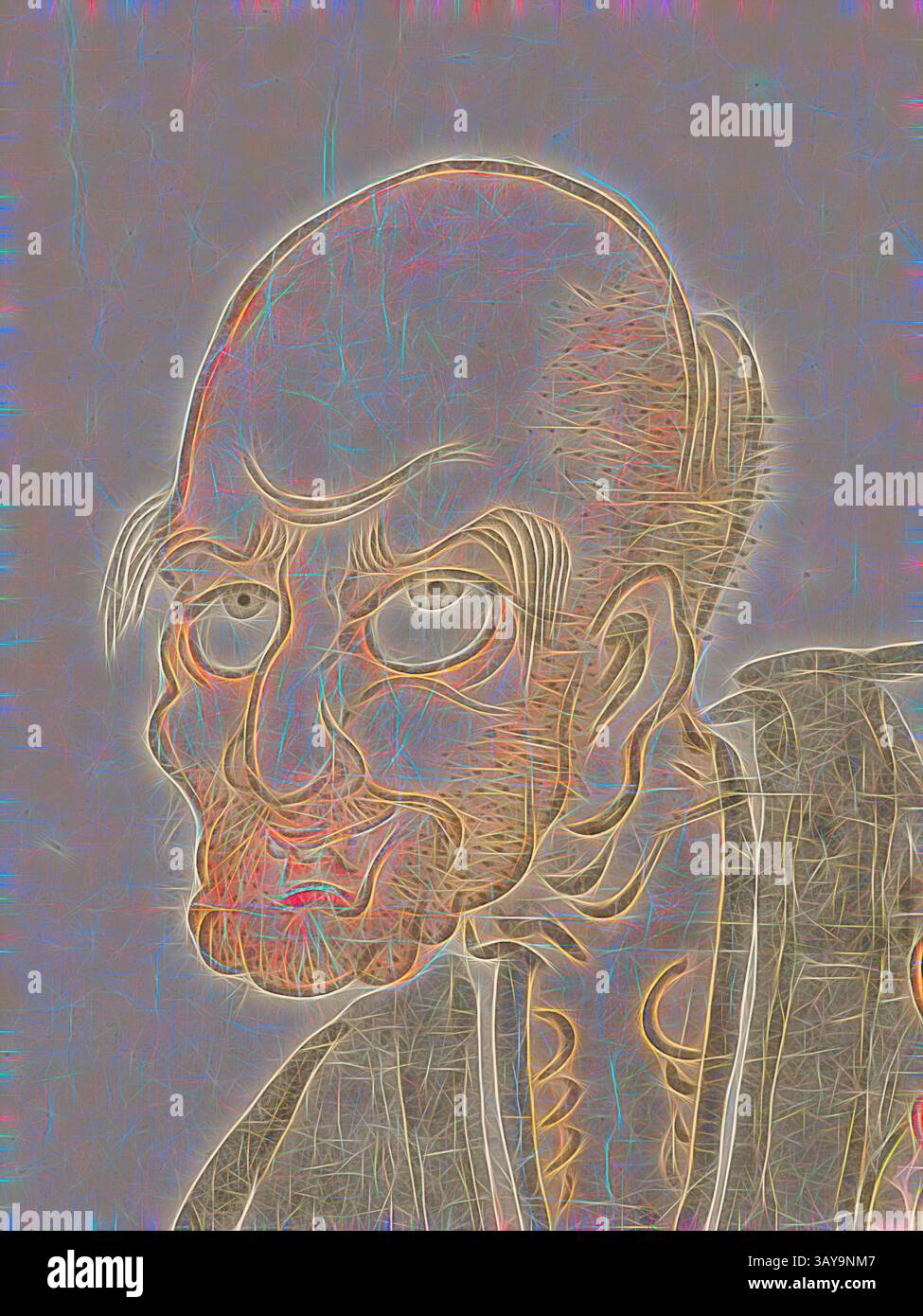 A stylized depiction of an elderly man with exaggerated facial features ...