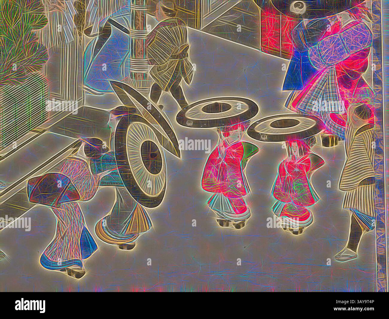 A vibrant scene depicting a bustling street where elegantly dressed ...