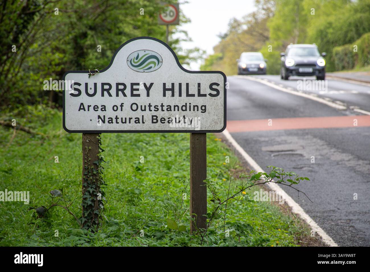 Surrey hills area of outstanding natural beauty sign hi-res stock ...