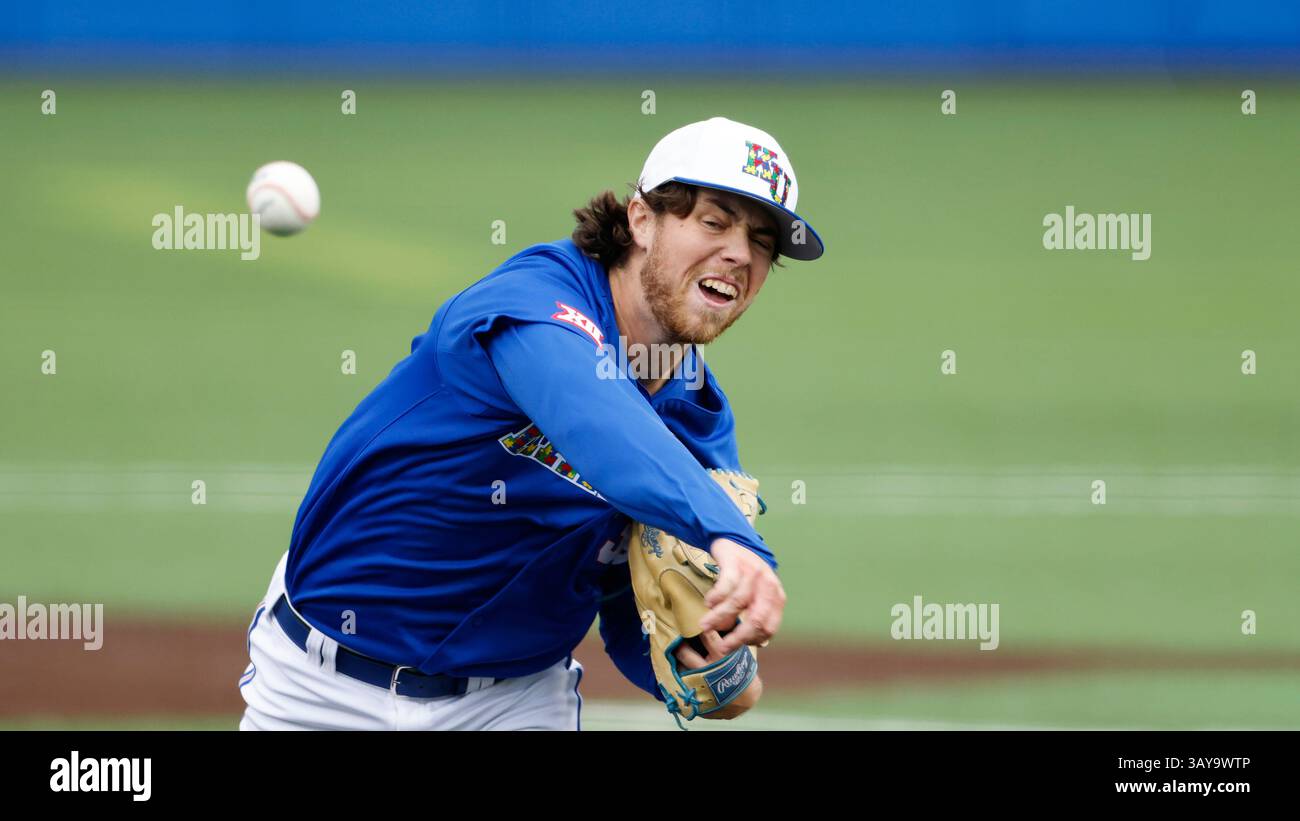 Kansas pitcher Jake Cubbler (34) during an NCAA college baseball game ...