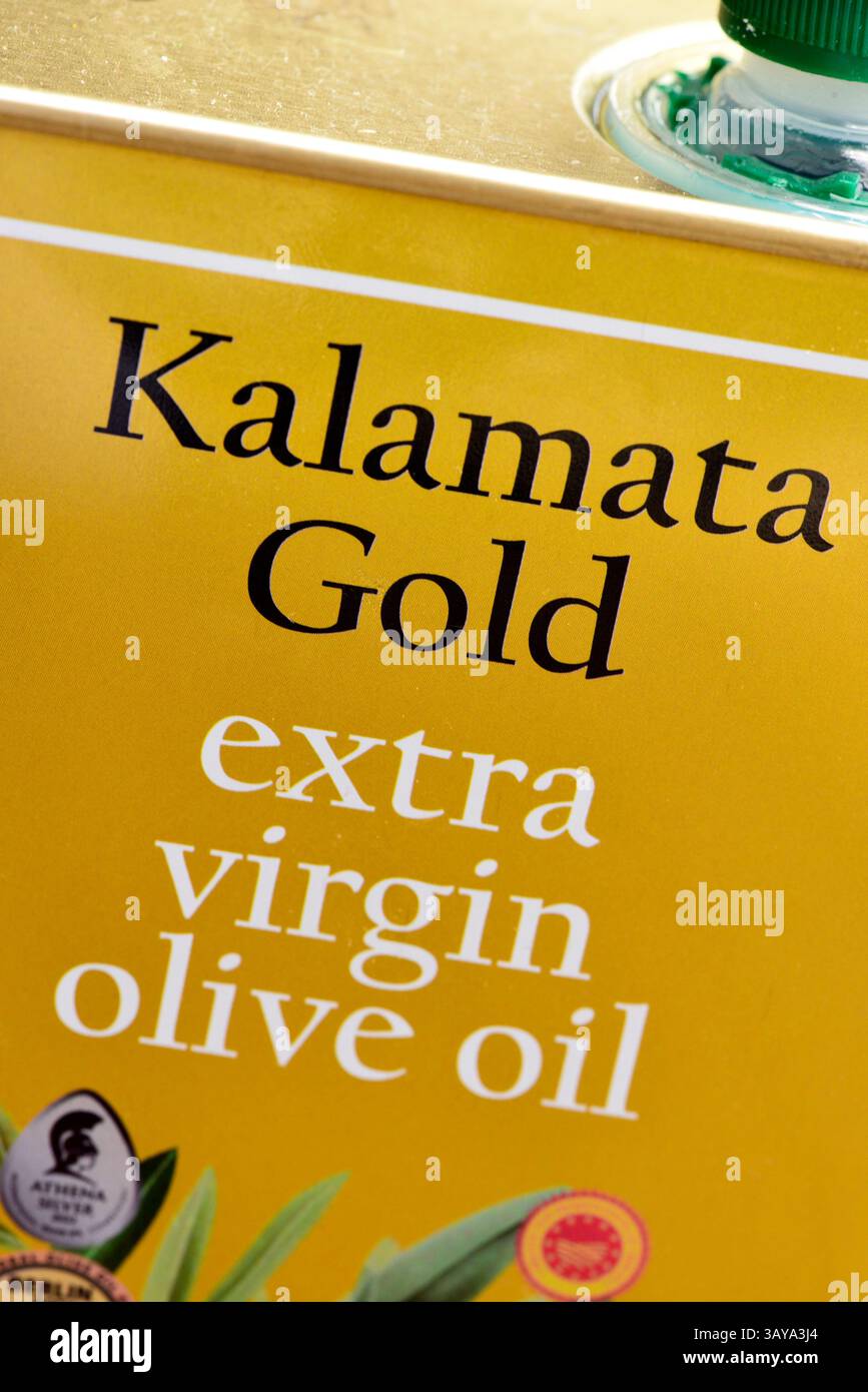 Kalamata Gold extra virgin olive oil label on metal tin, premium Greek ...