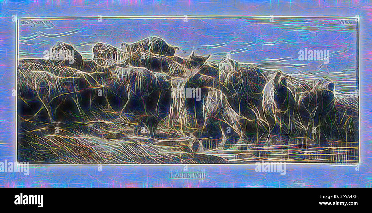 A group of cattle gathers near the water's edge, their forms softened ...