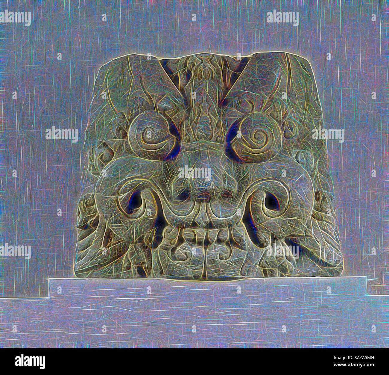An ornate stone sculpture featuring intricate swirls and a fierce ...