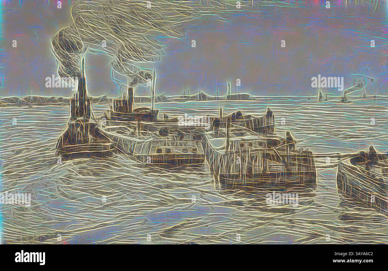 A bustling port scene features steamships emitting plumes of smoke as ...