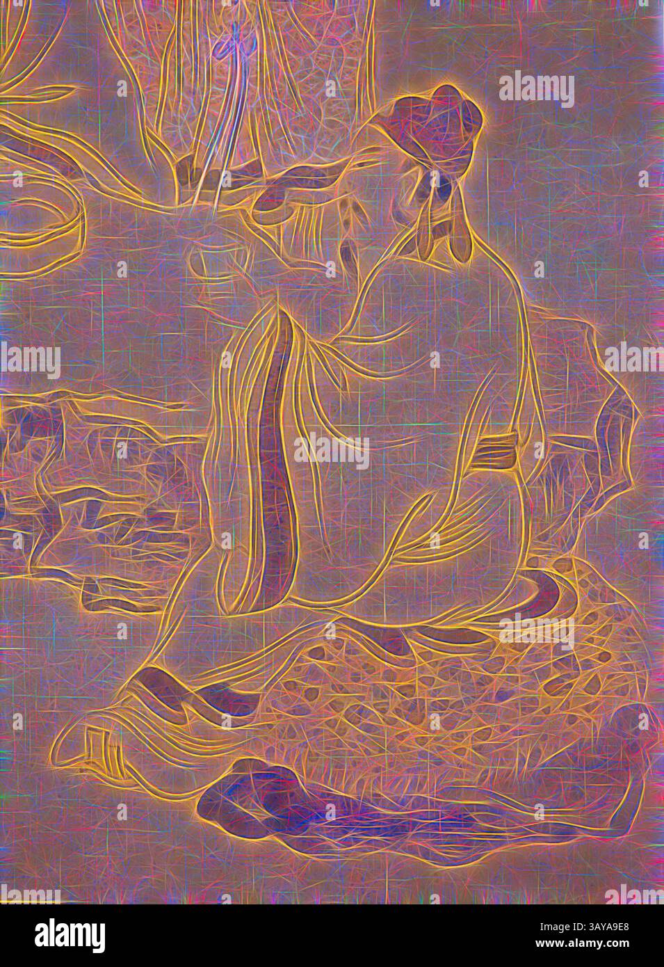 A serene figure in traditional attire sits thoughtfully, surrounded by ...