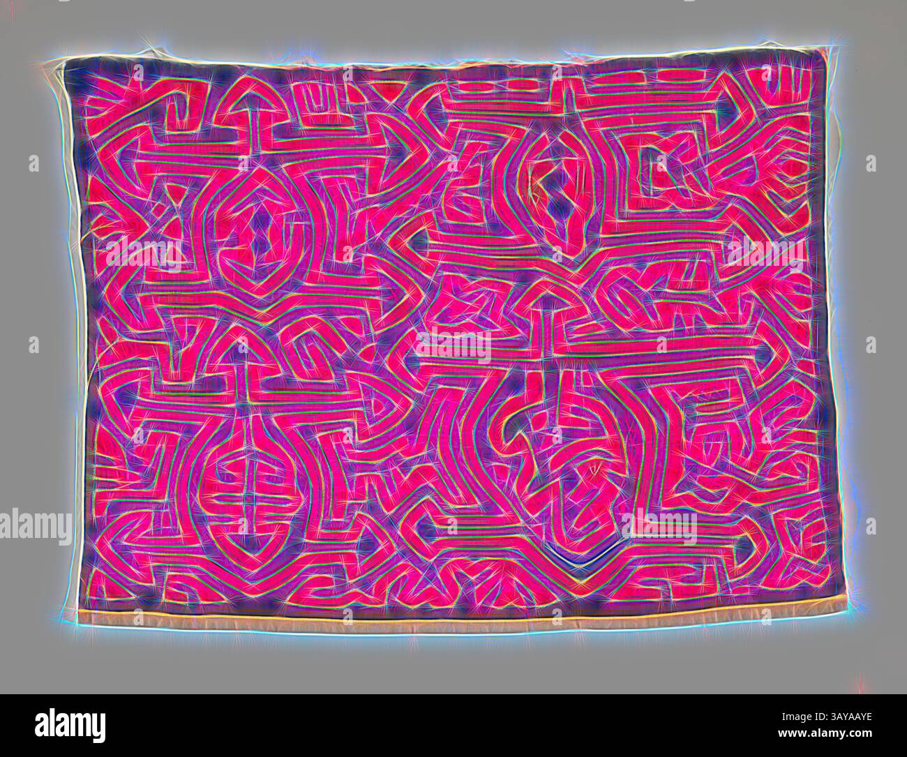 A vibrant textile featuring intricate geometric patterns and bold lines ...