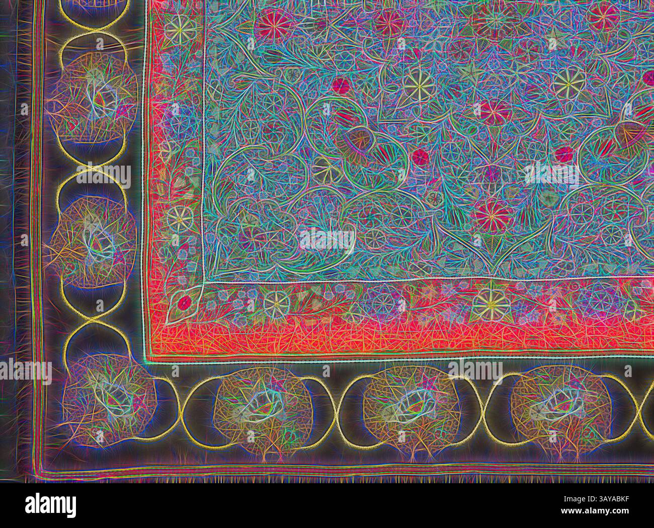 An intricately designed textile featuring vibrant patterns and swirling ...