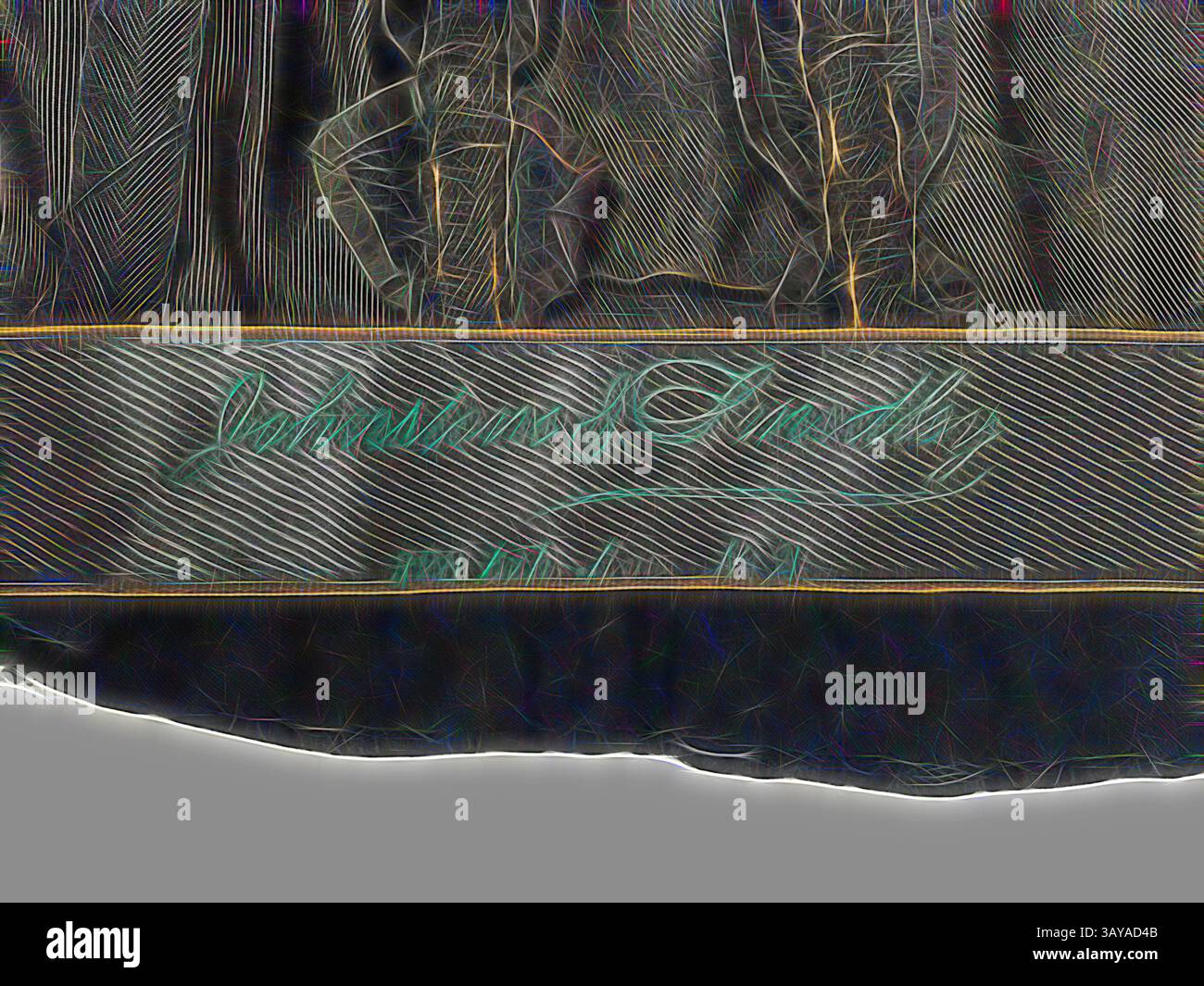 A stylish fabric drapes gracefully, featuring elegant cursive lettering ...