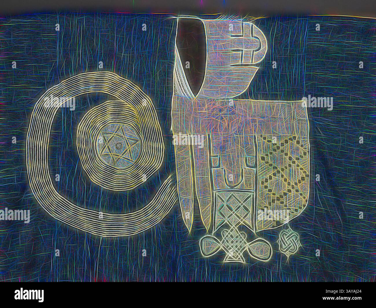 A stylized representation featuring intricate patterns and symbols ...