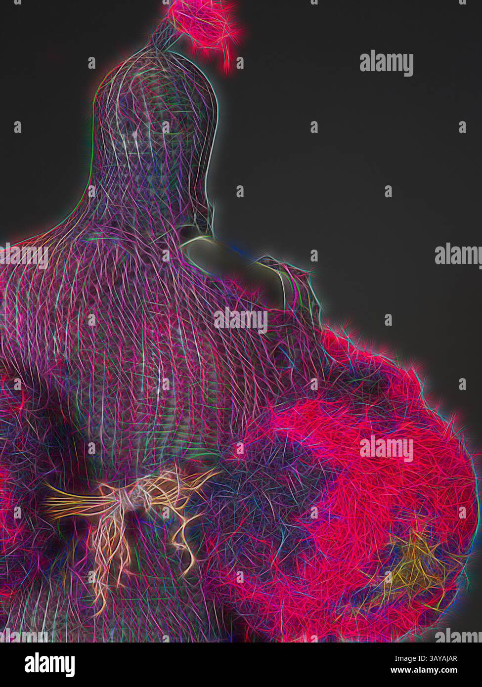 A figure adorned in intricate, glowing netting stands with a vibrant ...