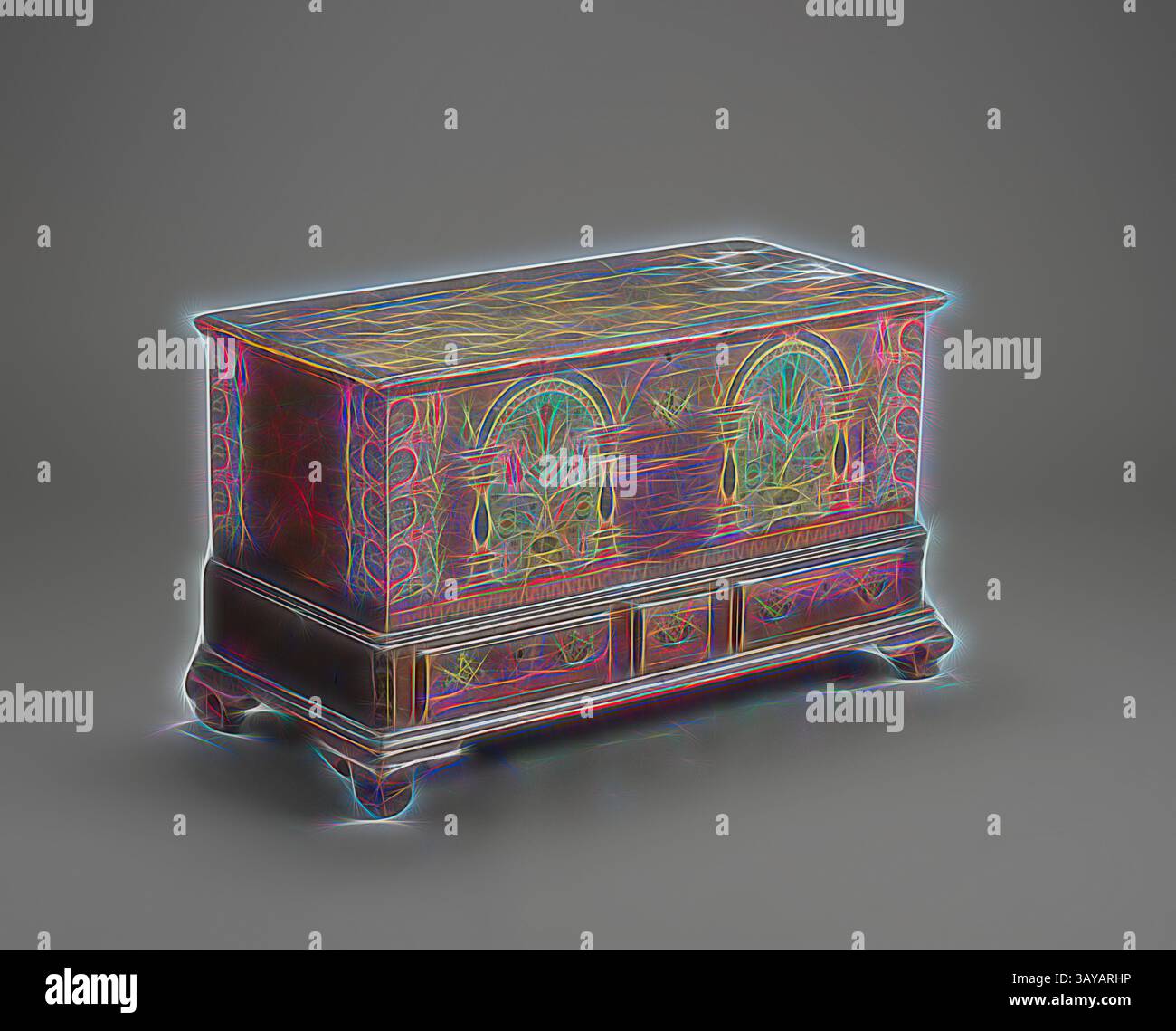 An intricately designed wooden chest features decorative patterns and ...