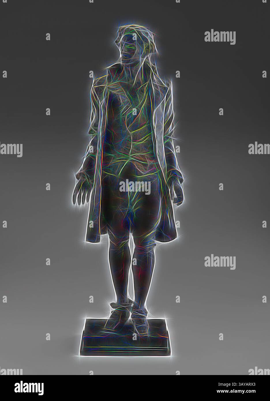 A stylized sculpture of a standing figure, dressed in period clothing ...