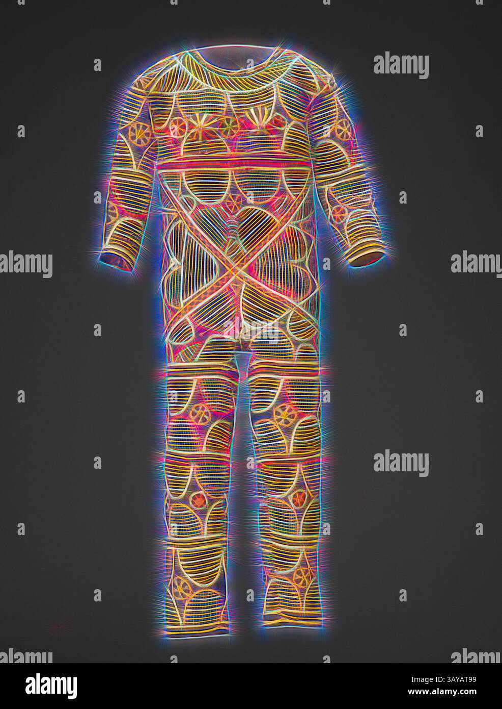 A vibrant, intricately patterned jumpsuit adorned with glowing designs ...