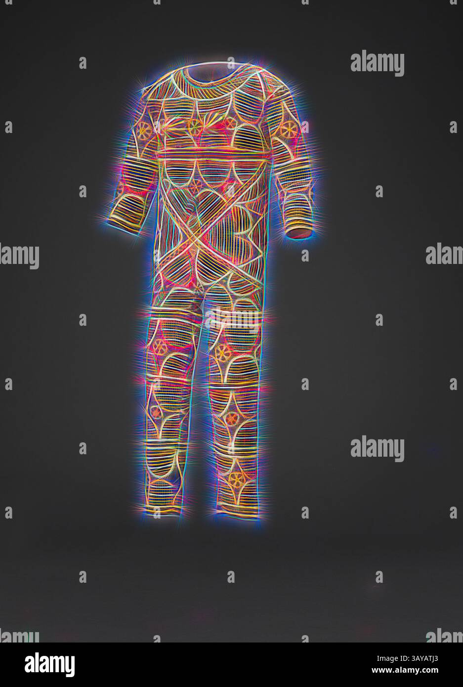 A stylized, intricately designed outfit adorned with vibrant patterns ...