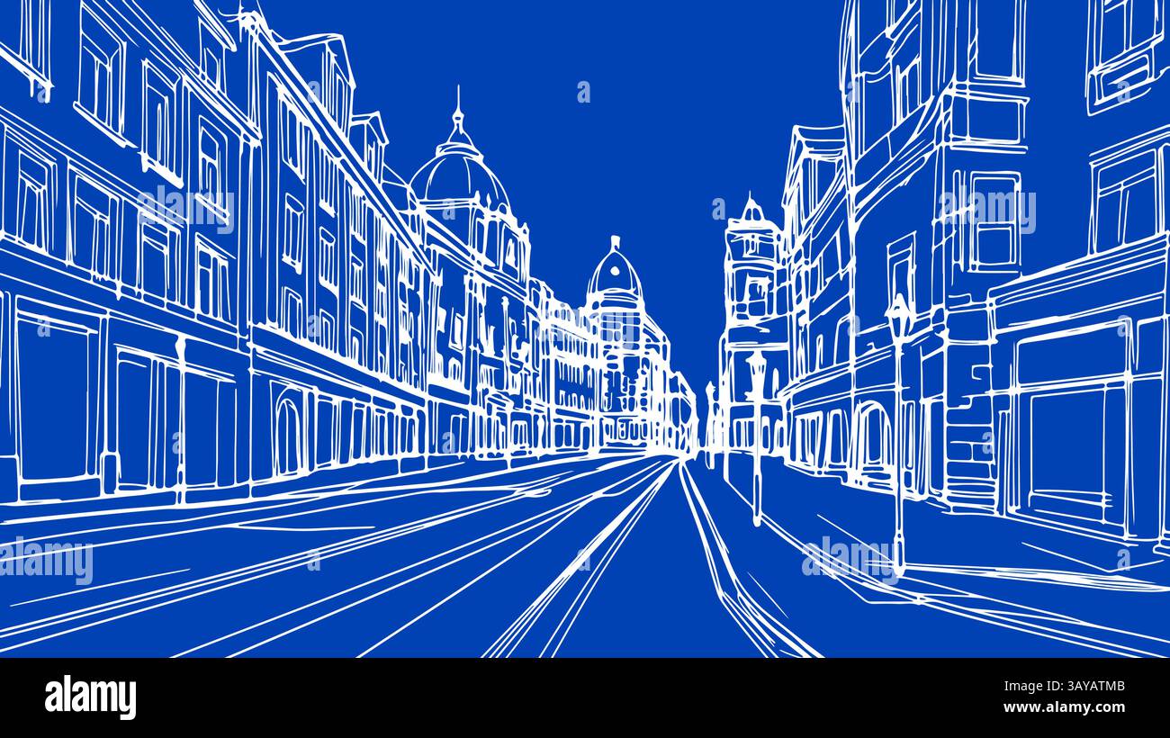 City street sketch illustration design. Buildings shops windows street ...