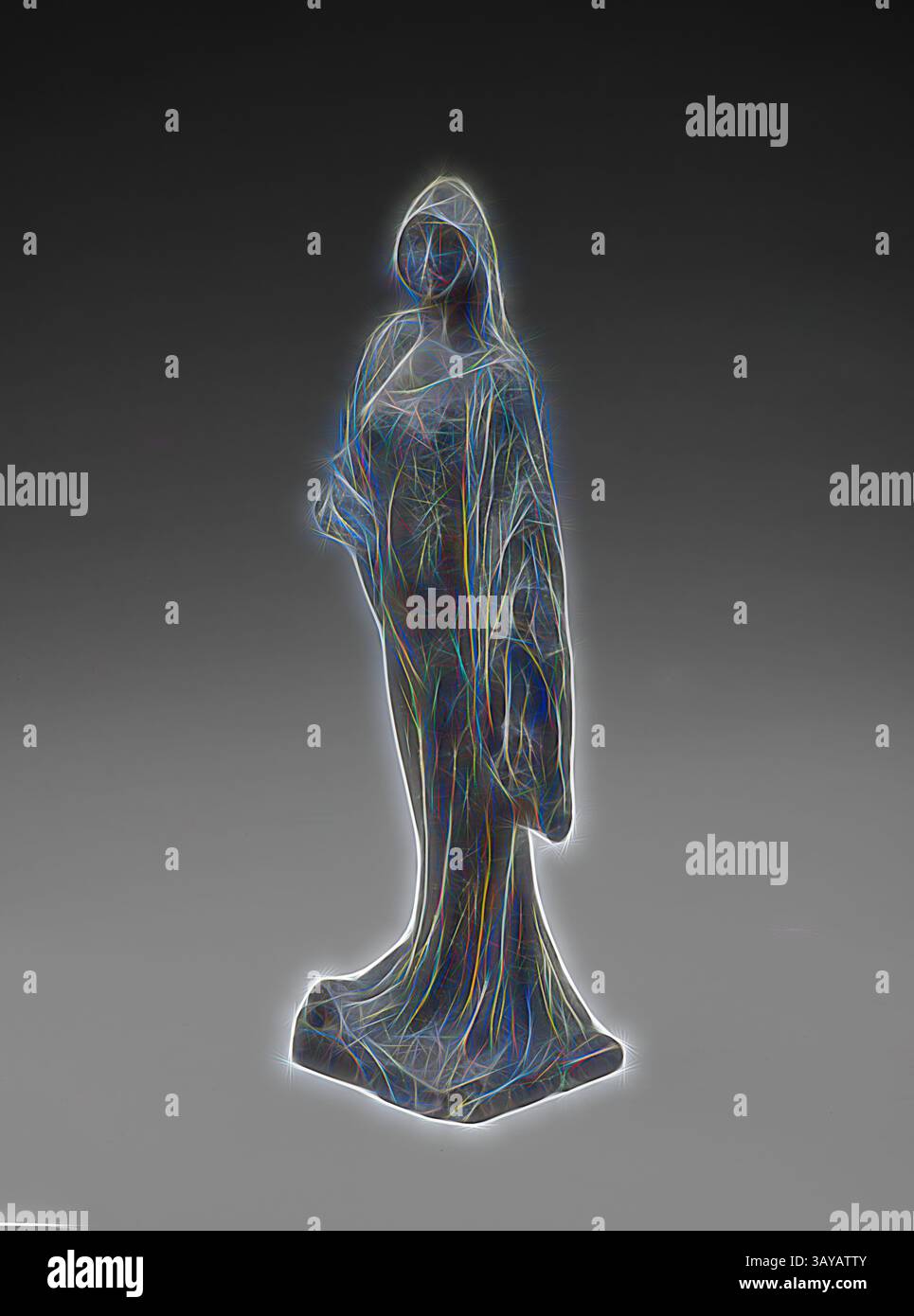 A stylized sculpture of a figure draped in flowing garments, exuding an ...