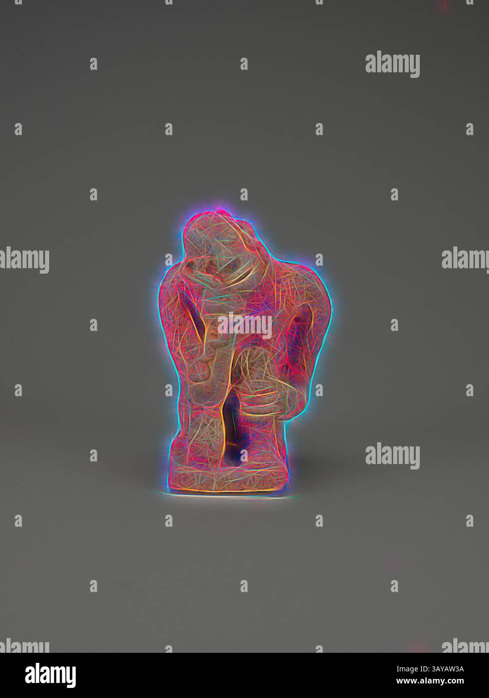 A stylized sculpture of a figure in a contemplative pose, highlighted ...