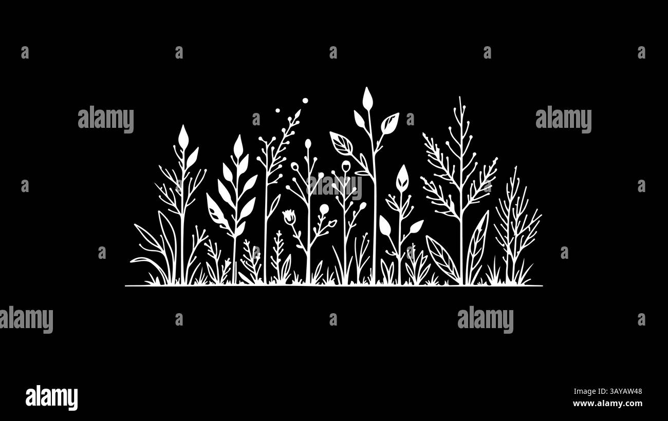 Green foliage grass plants. Minimalist botanical illustration nature ...