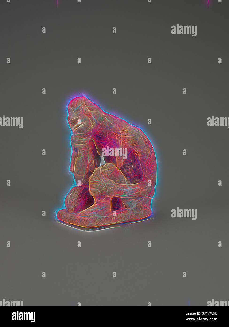 A stylized sculpture of a seated figure, hunched forward with one knee ...