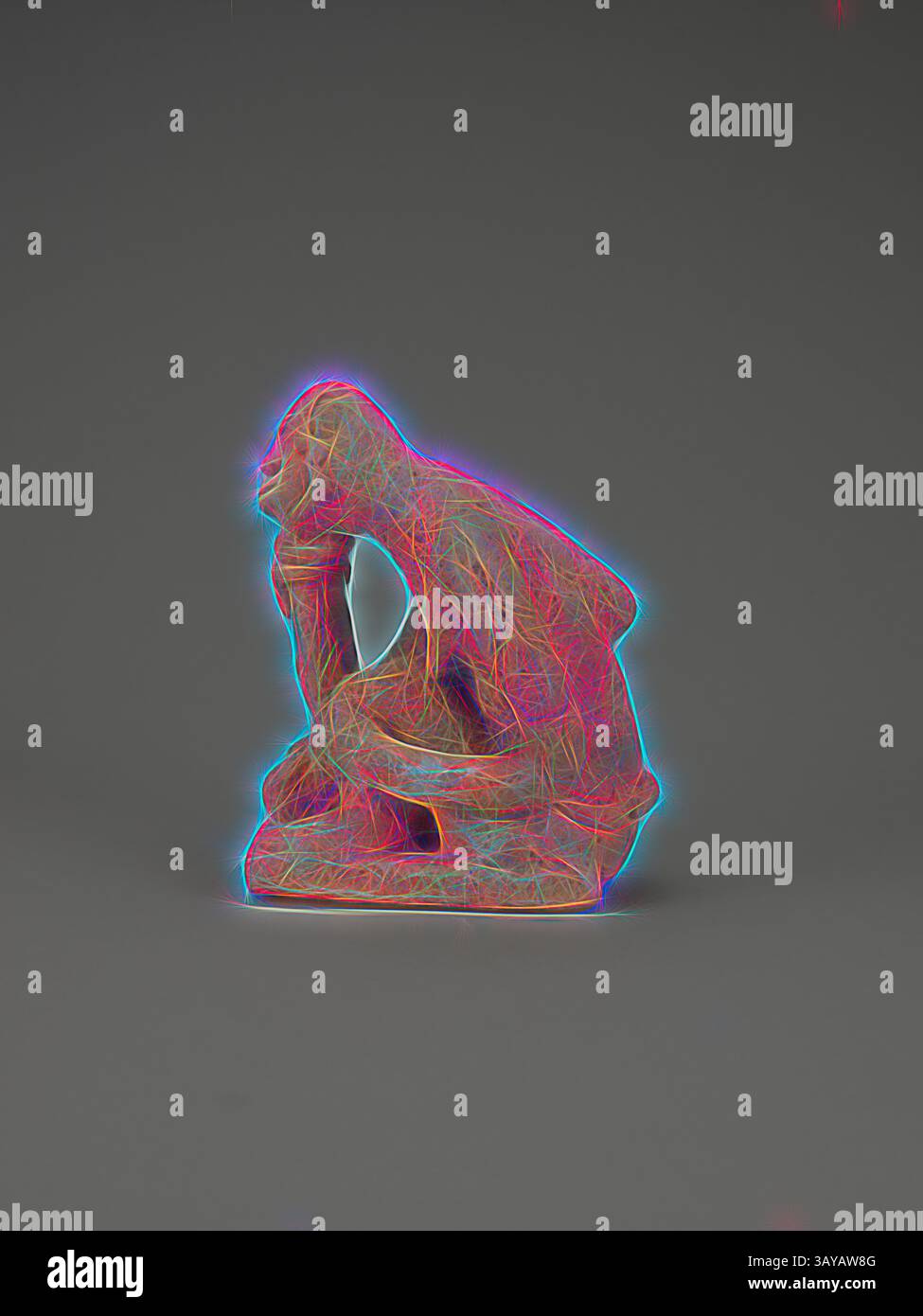 A contemplative figure sits in a thoughtful pose, resting chin on hand ...