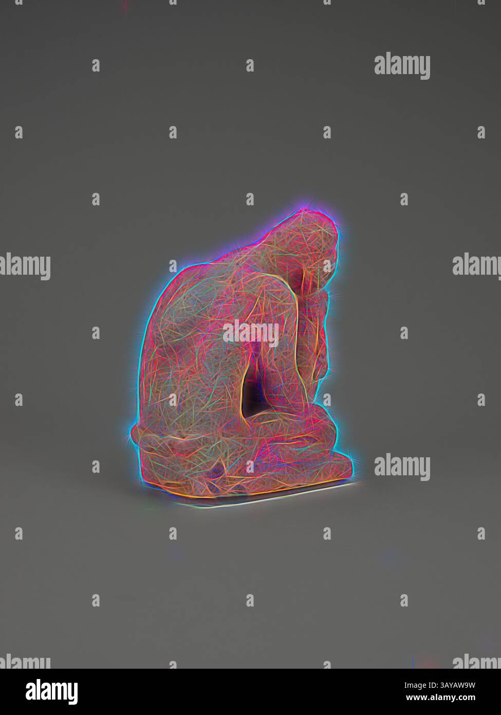 A stylized sculpture depicting a seated figure in a contemplative pose ...