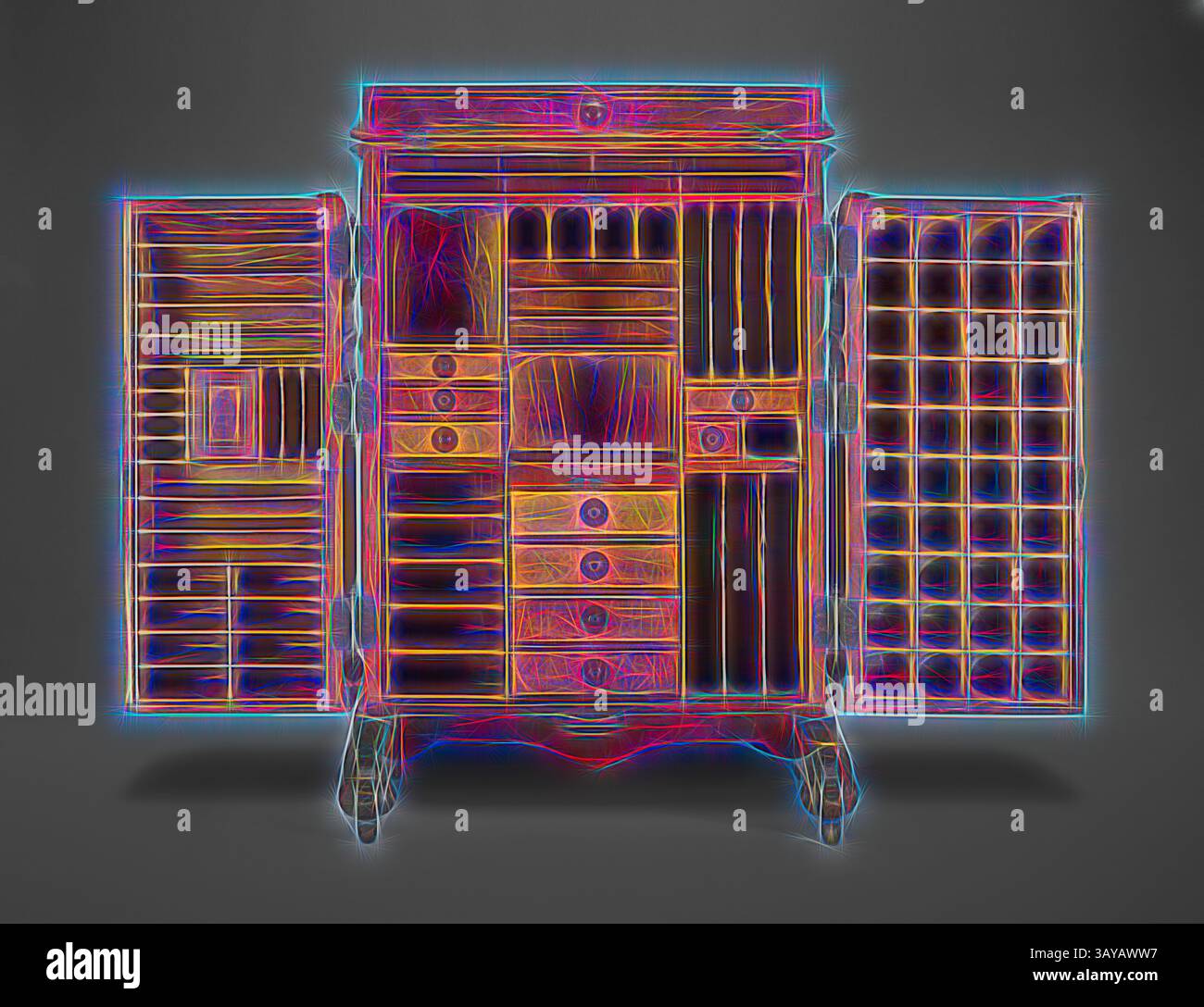 An intricately designed cabinet with open doors reveals a variety of ...