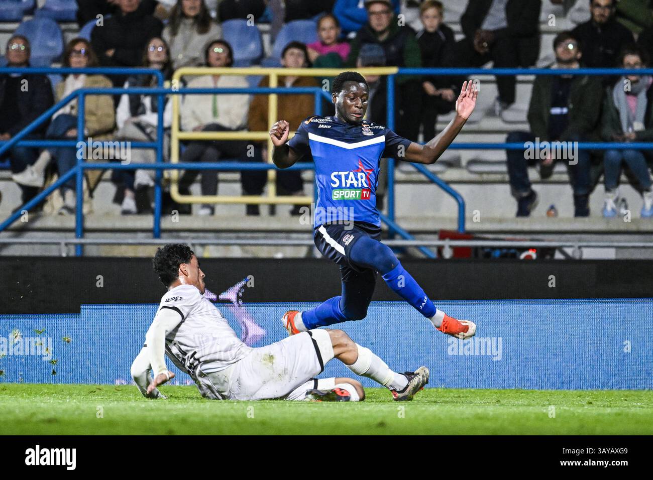 Dernderleeuw, Belgium. 22nd Apr, 2025. Charleroi's Stelios Andreou and ...