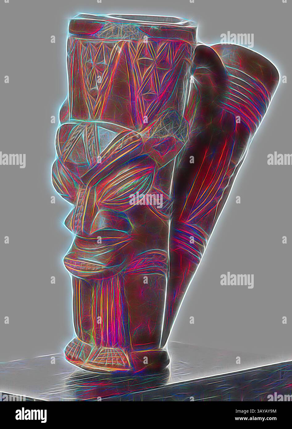 A stylized tribal mask featuring intricate geometric patterns and ...