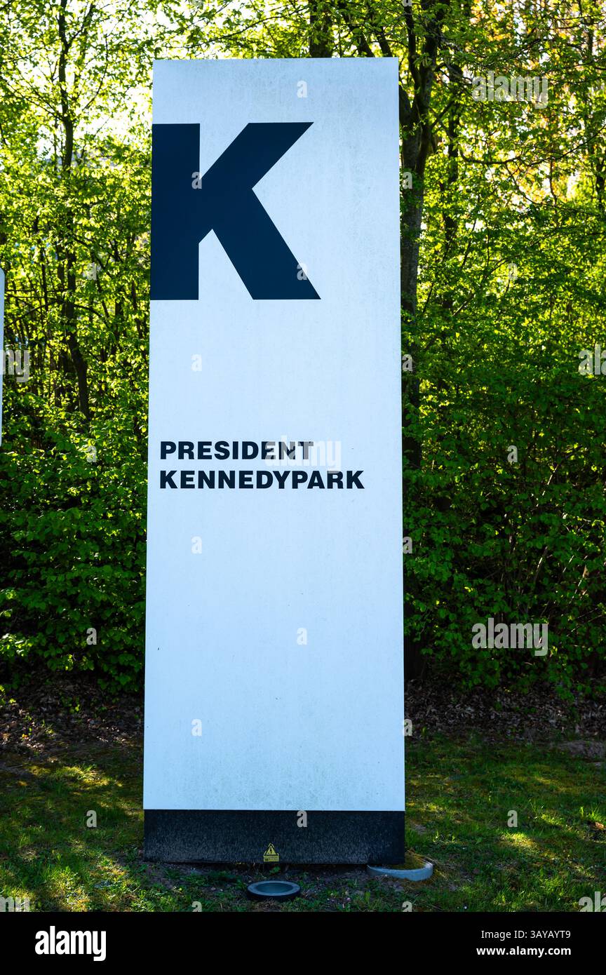 Sign and logo of the President Kennedypark in Kortrijk, West Flanders ...