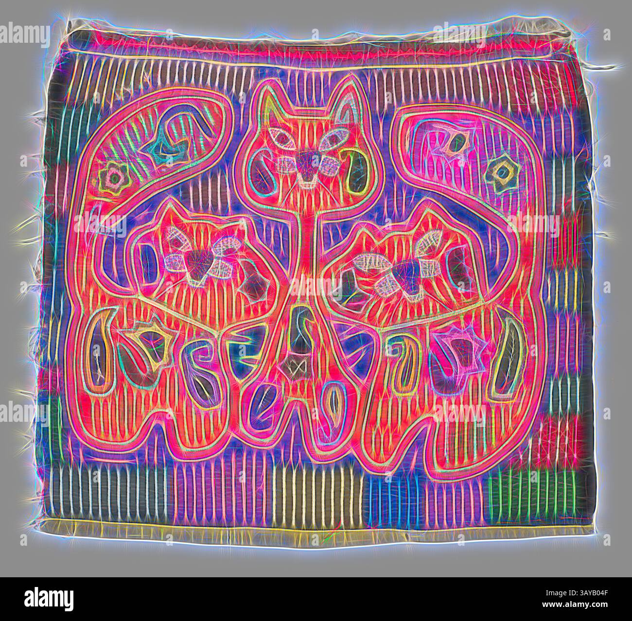 A vibrant textile featuring intricate patterns of stylized cats ...