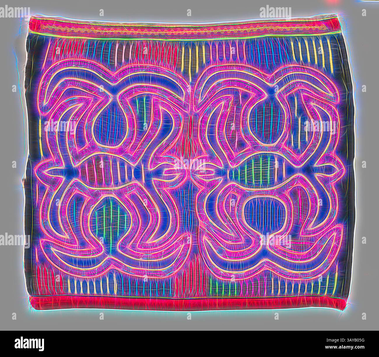 A vibrant textile featuring intricate patterns of interwoven shapes and ...