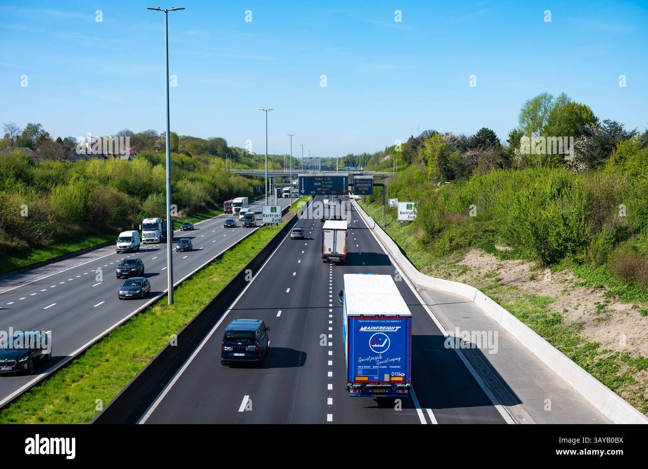 The E17 A14 highway, bridge view with trucks and cars in Kortrijk, West ...