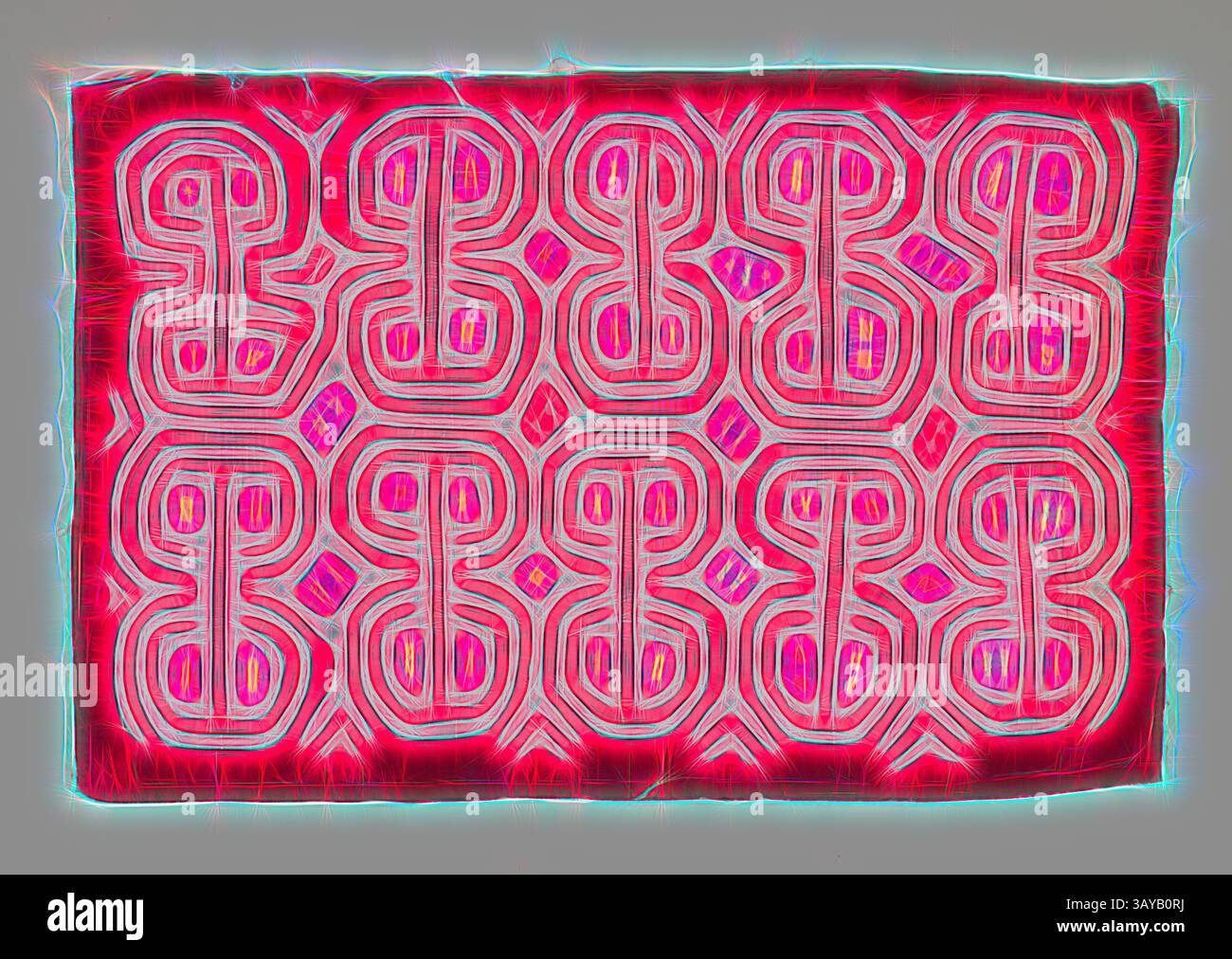 A vibrant textile design featuring intricate, abstract patterns in bold ...