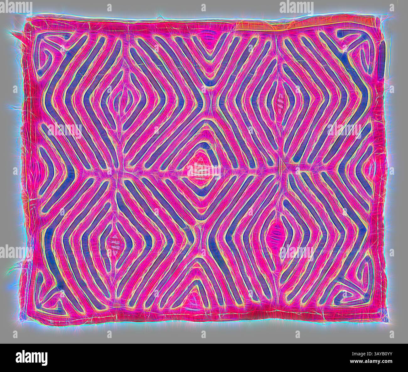 A vibrant textile featuring intricate geometric patterns with bold ...