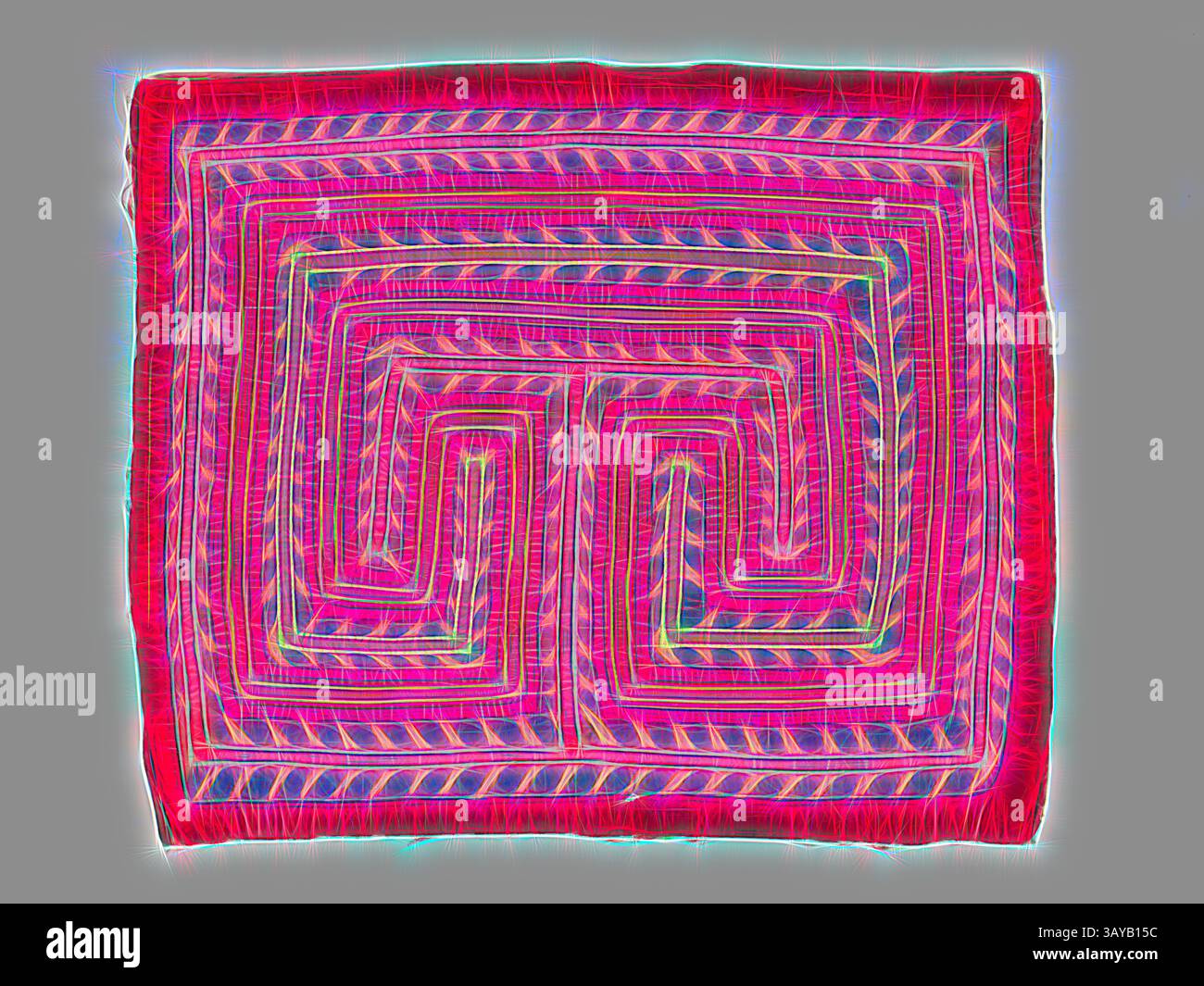 A vibrant textile featuring a complex maze pattern, bordered by ...