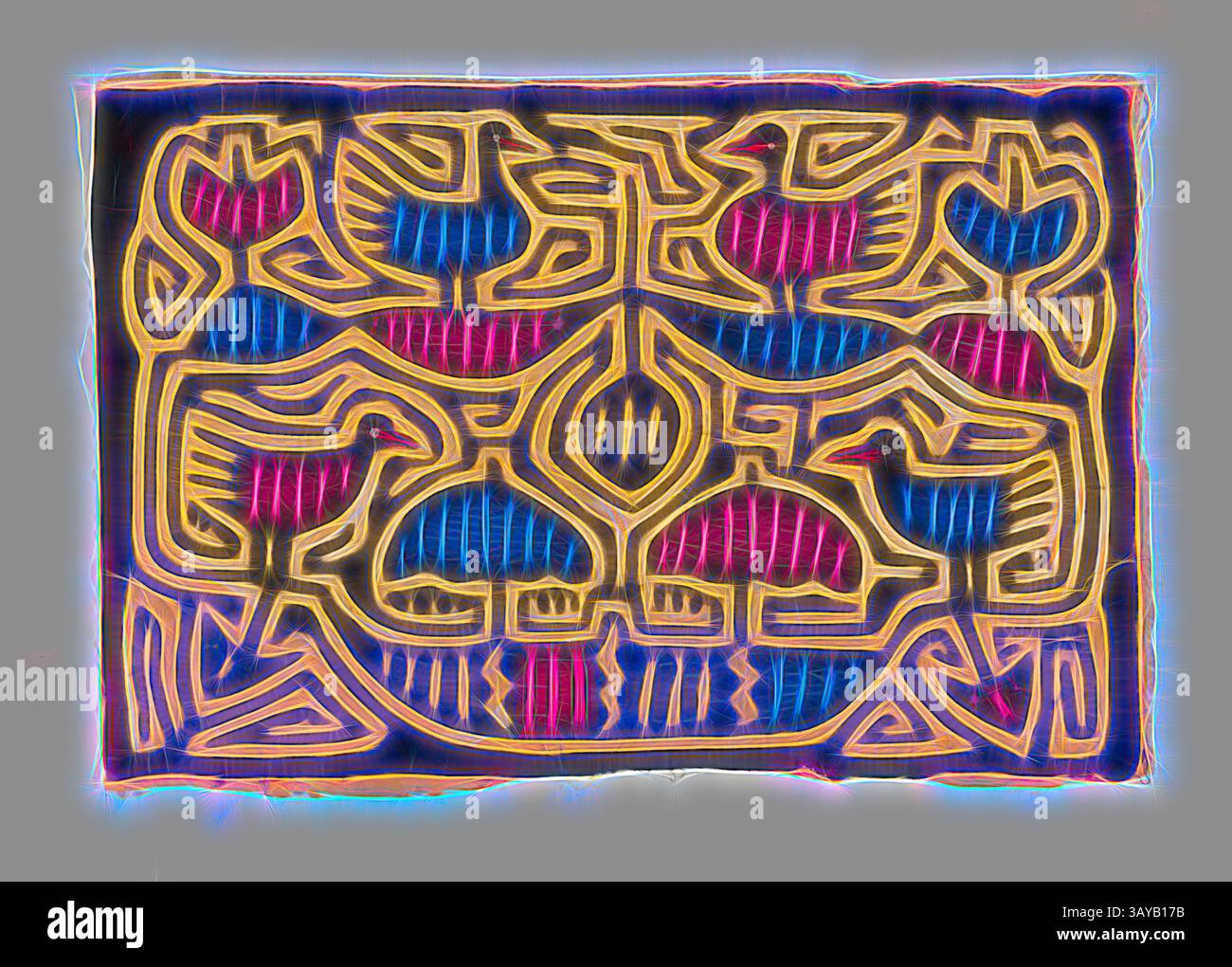 A vibrant, abstract pattern featuring stylized birds and intricate ...