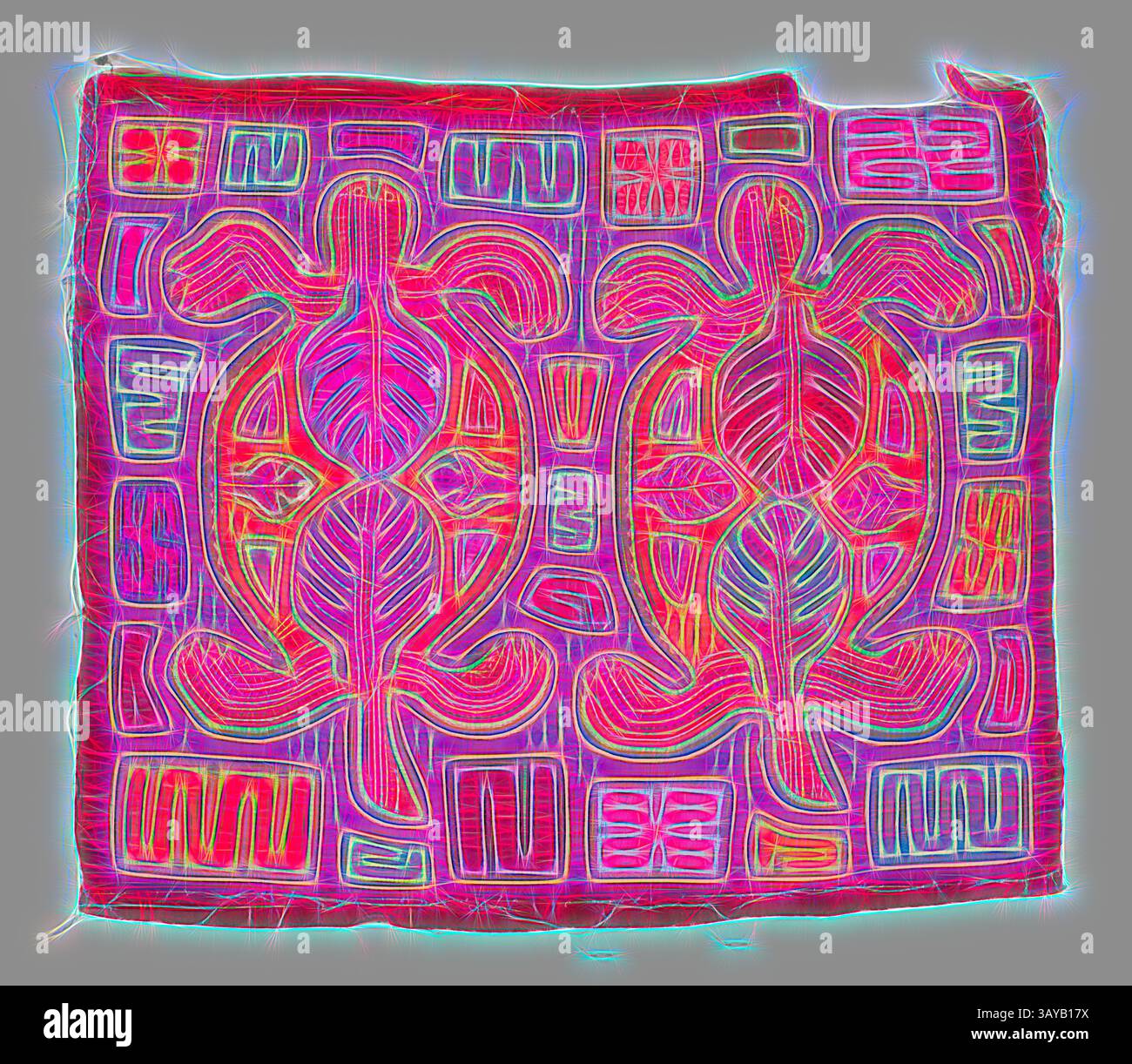 A vibrant textile featuring intricate turtle motifs and bold geometric ...