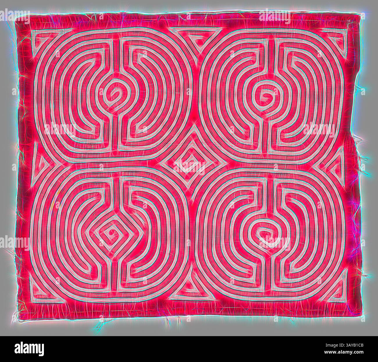 A vibrant textile featuring intricate maze-like patterns in a bold ...