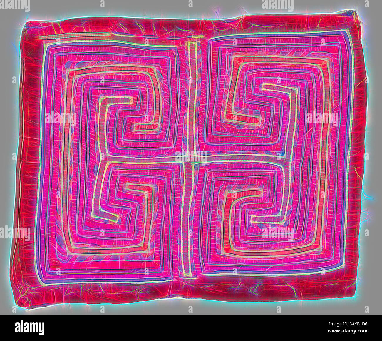 A vibrant textile featuring intricate geometric patterns that create a ...