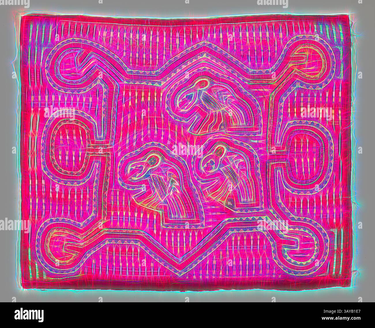 An intricate textile featuring vibrant patterns and stylized animal ...