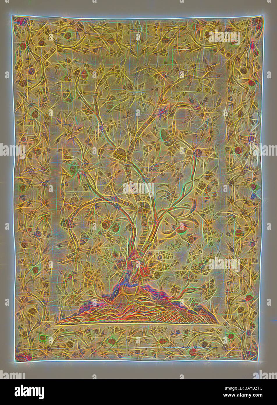 A vibrant tapestry features an intricate tree design surrounded by ...
