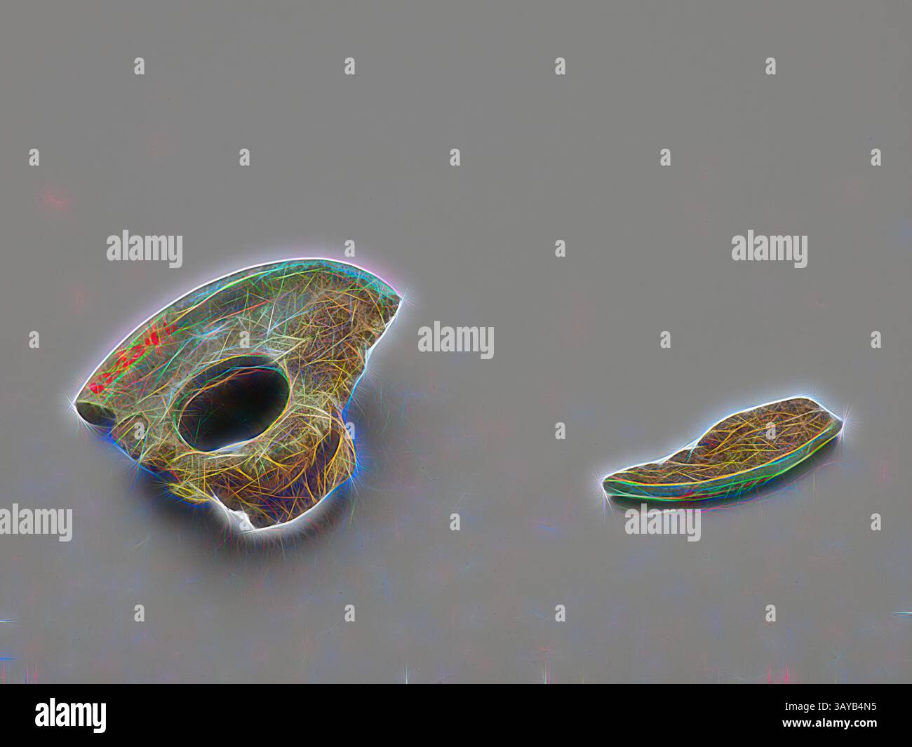 A stylized representation of two ancient artifacts, one with a circular ...