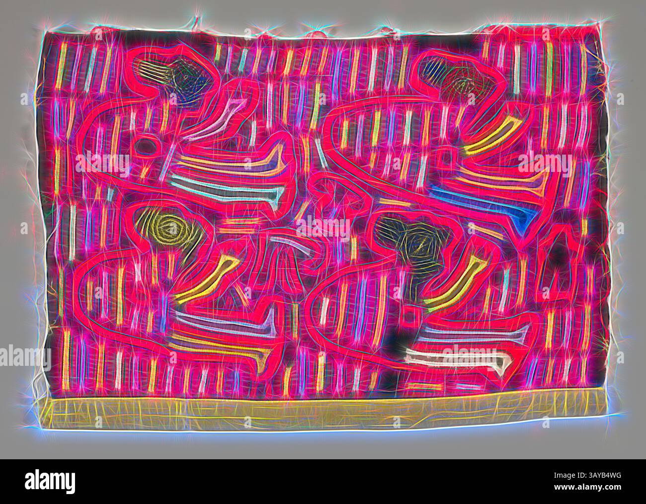 A vibrant textile artwork featuring bold, abstract figures intertwined ...