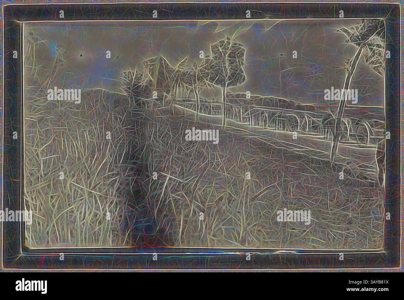 A scene of a winding pathway bordered by tall grass and trees, leading ...