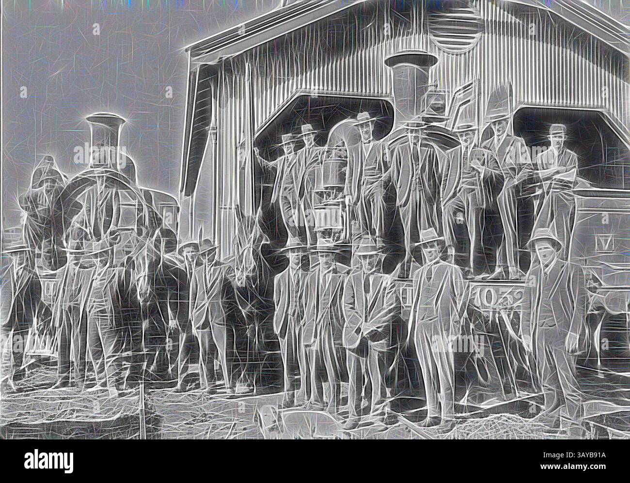 A large group of men, dressed in formal attire and hats, gathers around ...